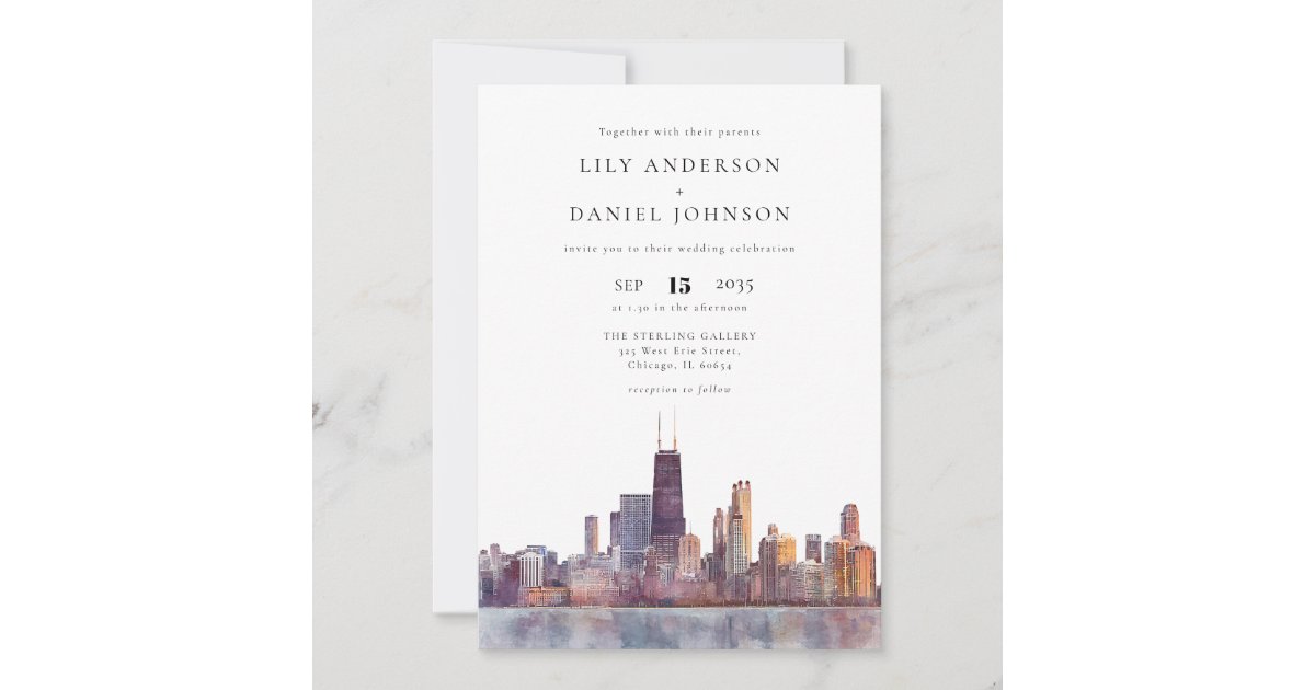 Chicago Skyline Watercolor QR Code Wedding Invitation | Zazzle