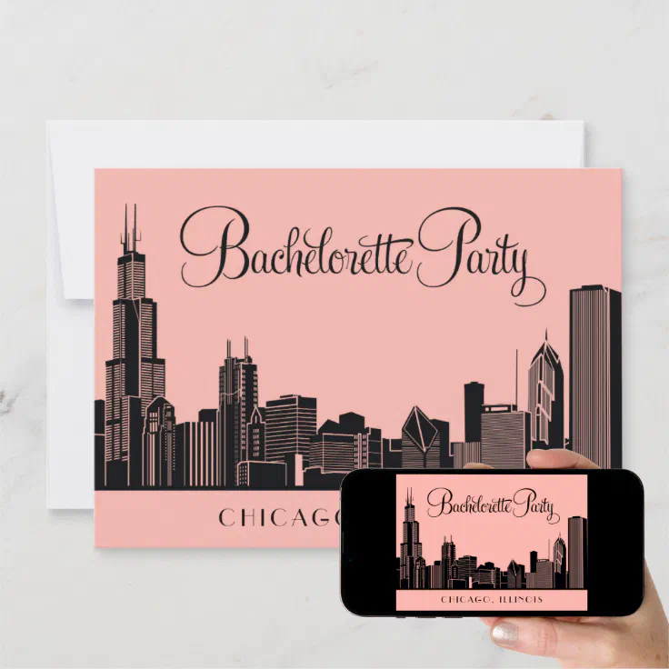 Chicago Skyline Wedding Bachelorette Party Blush Invitation | Zazzle