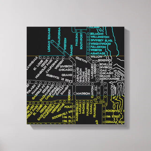 Chicago Subway Train Vintage System Map Route NEON Canvas Print | Zazzle
