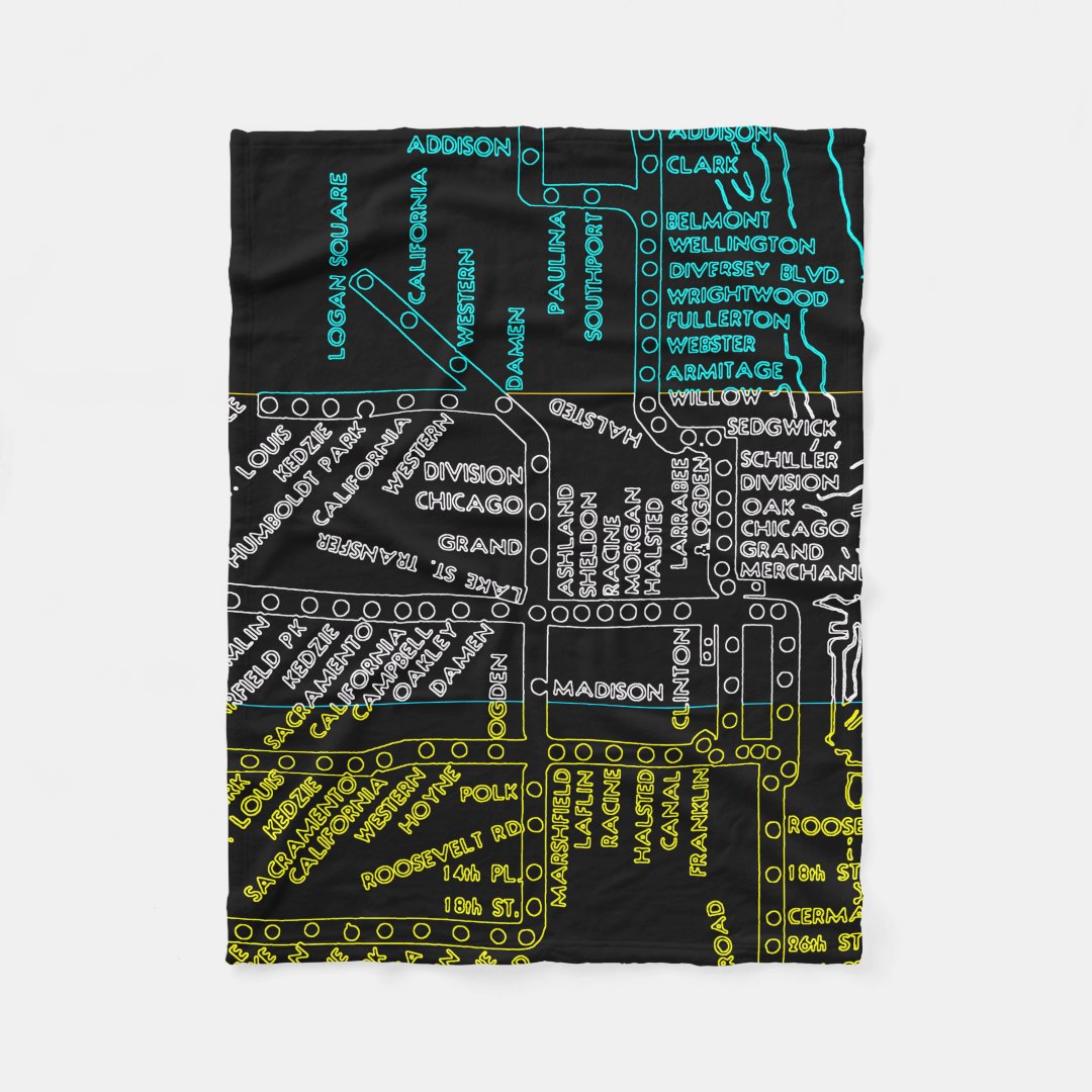 Chicago Subway Train Vintage System Map Route NEON Fleece Blanket | Zazzle
