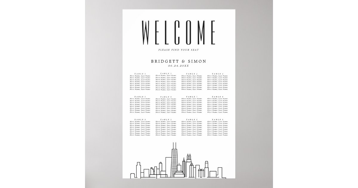 Chicago Wedding | 12 Table Seating Chart | Zazzle