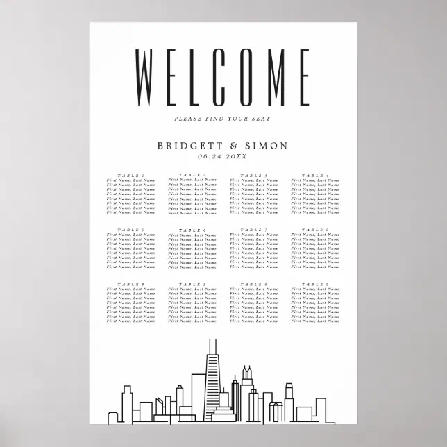 Chicago Wedding | 12 Table Seating Chart | Zazzle