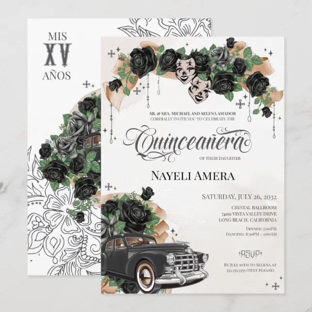 Chicana Lowrider Black Rose Chola Quinceanera Invitation | Zazzle