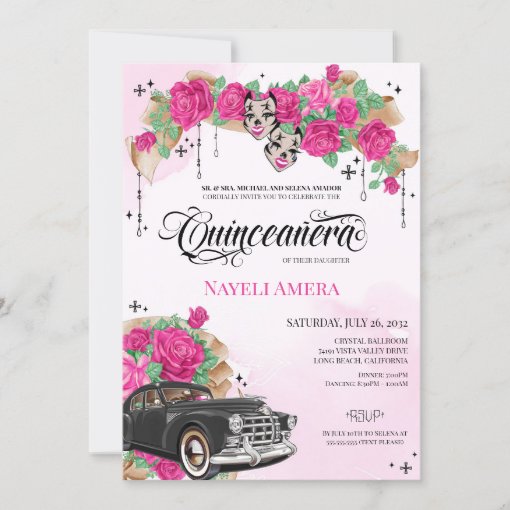 Chicana Lowrider Pink Rose Chola Quinceanera Invitation | Zazzle