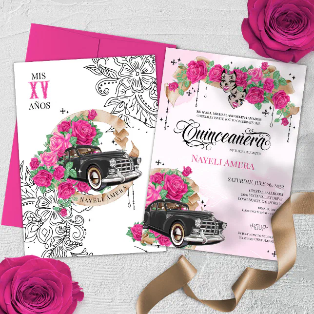 Chicana Lowrider Pink Rose Chola Quinceanera Invitation | Zazzle