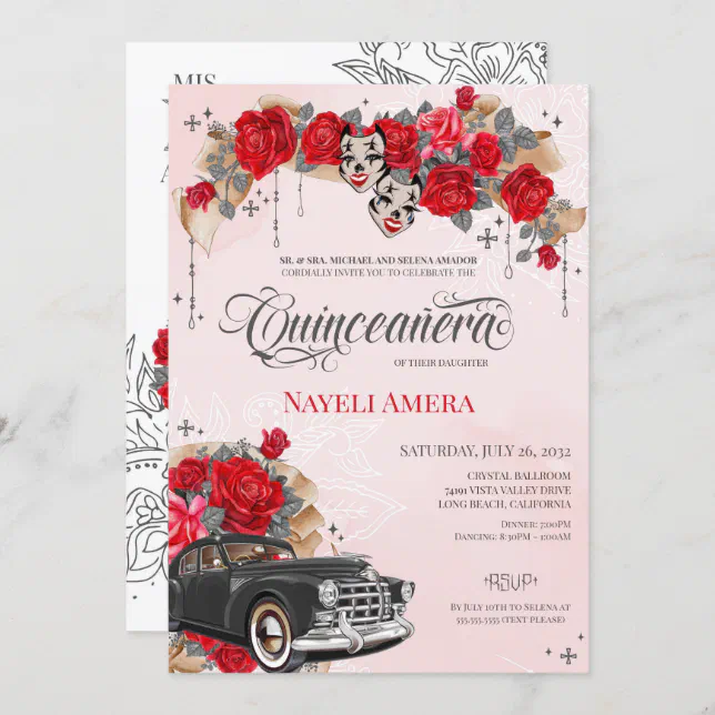 Chicana Lowrider Red Rose Chola Quinceanera Invitation | Zazzle