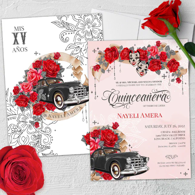 Chicana Lowrider Red Rose Chola Quinceanera Invitation | Zazzle