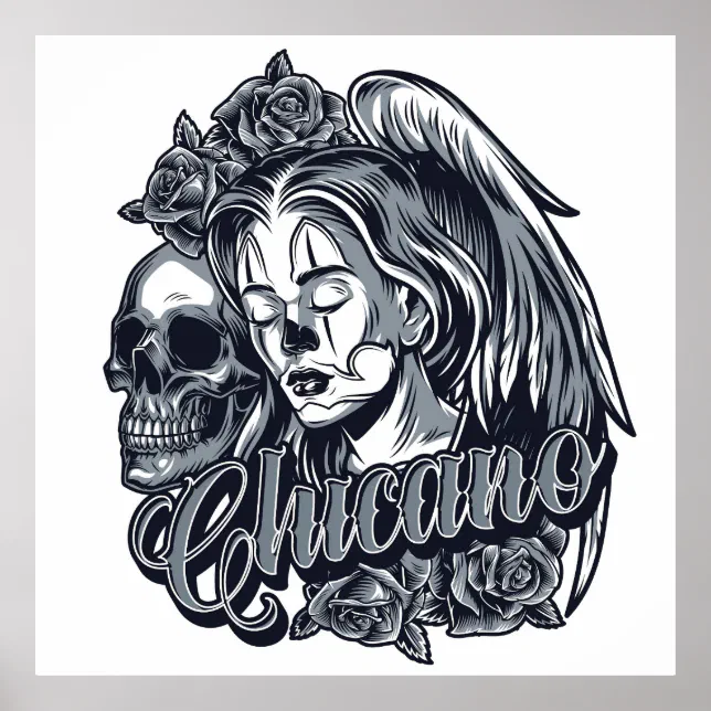 Chicano (Woman with Wings, Roses and Skull) Poster | Zazzle
