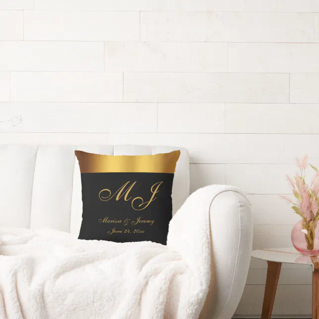 Chick Black Gold Monogram Script Wedding Throw Pillow | Zazzle