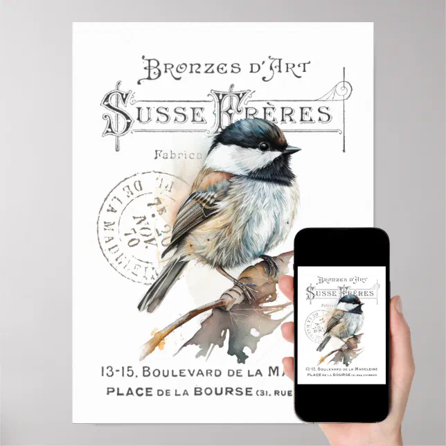 Chickadee Bird French Typography Vintage Printable Poster | Zazzle