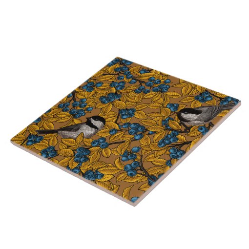 Chickadee birds on blueberry branches ceramic tile | Zazzle