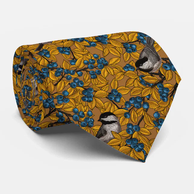 Chickadee birds on blueberry branches neck tie | Zazzle