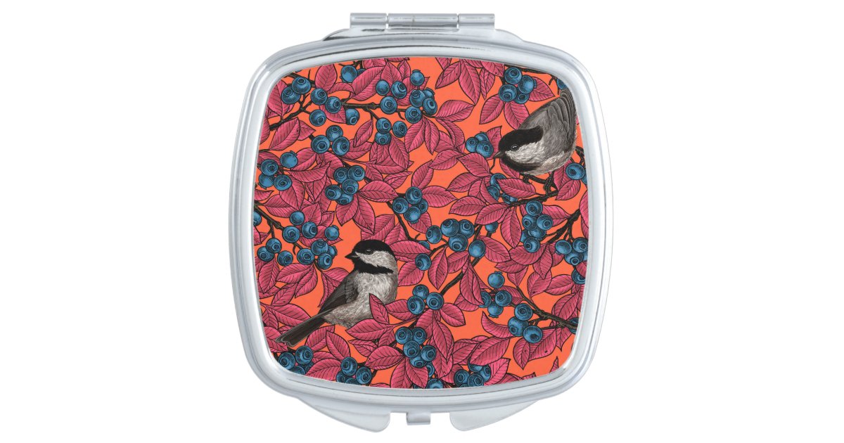Chickadee birds on blueberry branches on orange compact mirror | Zazzle
