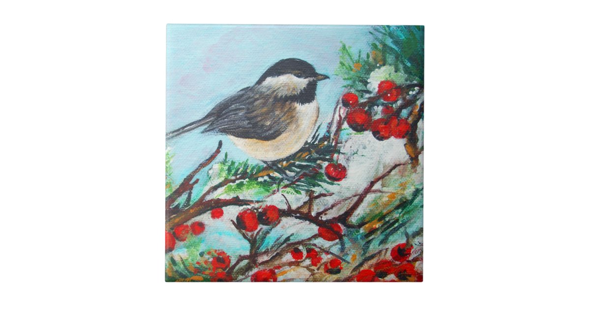 Chickadee-Sweet Winter Black-Capped Chickadee Bird Ceramic Tile | Zazzle