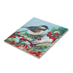 Chickadee-Sweet Winter Black-Capped Chickadee Bird Ceramic Tile | Zazzle