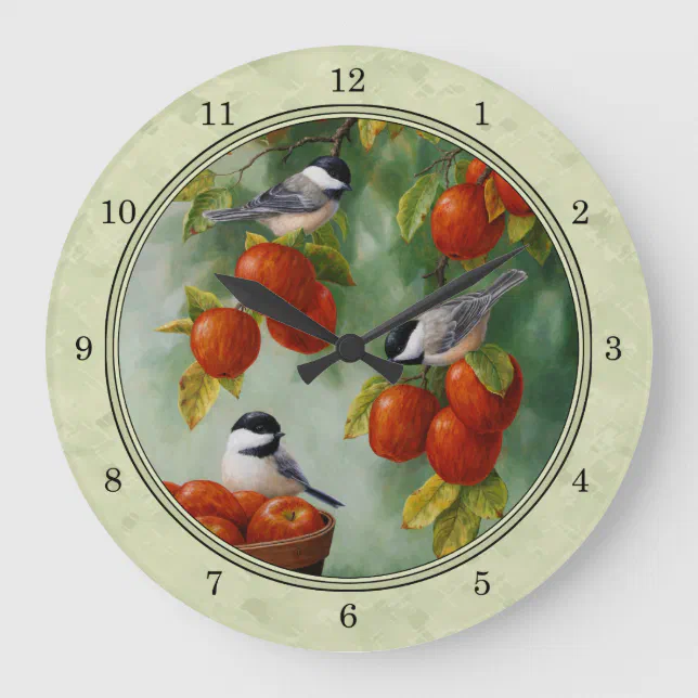 Chickadees and Apple Tree Green Large Clock | Zazzle