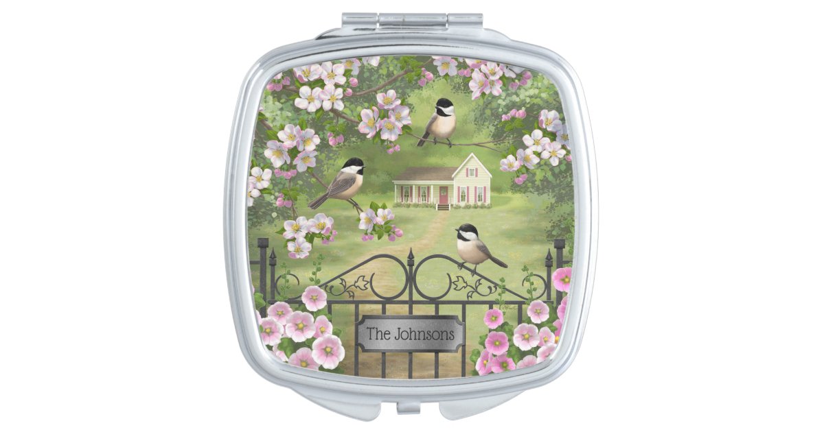 Chickadees Flowers Victorian Farmhouse Compact Mirror | Zazzle