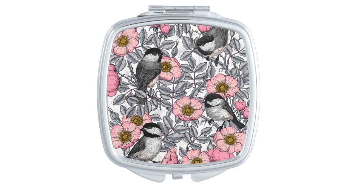 Chickadees in the wild rose, pink and gray compact mirror | Zazzle