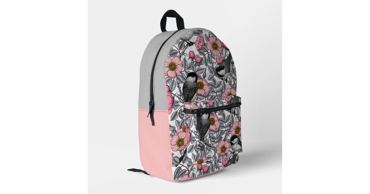 Chickadees in the wild rose, pink and gray printed backpack | Zazzle