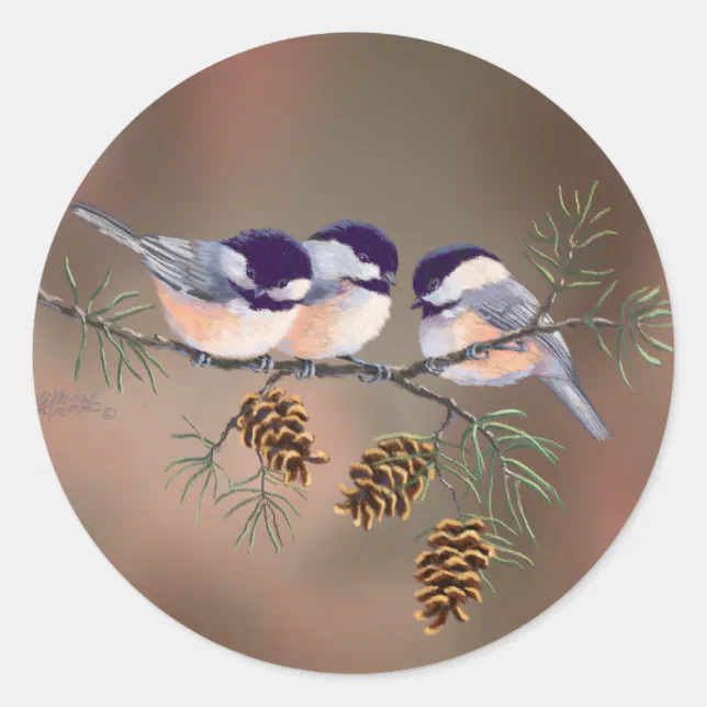 CHICKADEES & PINECONES by SHARON SHARPE Classic Round Sticker | Zazzle