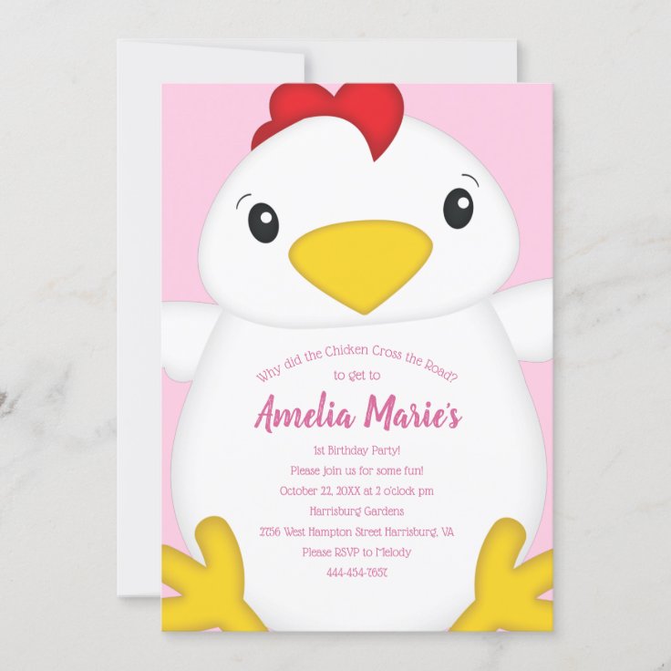 Chicken Birthday Party Pink Invitation | Zazzle