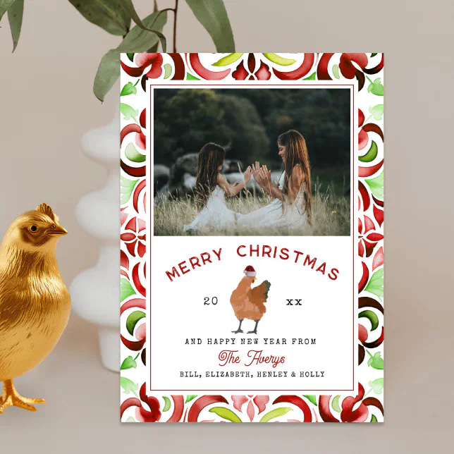 Chicken Christmas Watercolor Photo Holiday Card | Zazzle