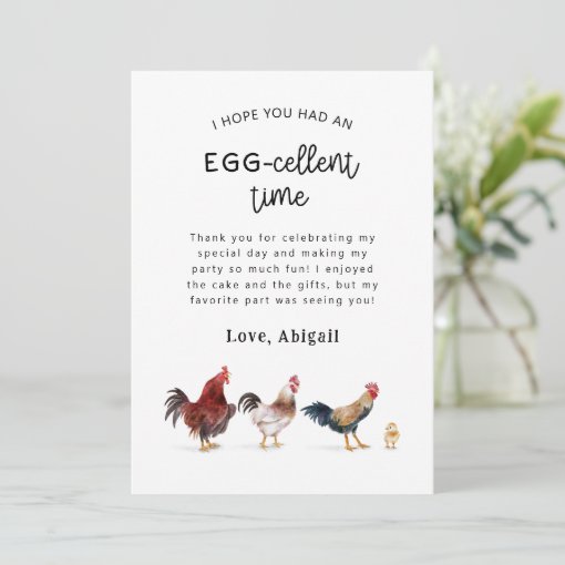 Chicken Egg-Cellent Birthday Party Thank You Card | Zazzle