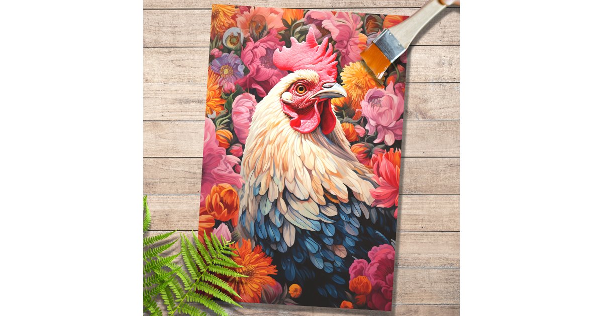 Chicken in Flowers 4 Decoupage Paper | Zazzle