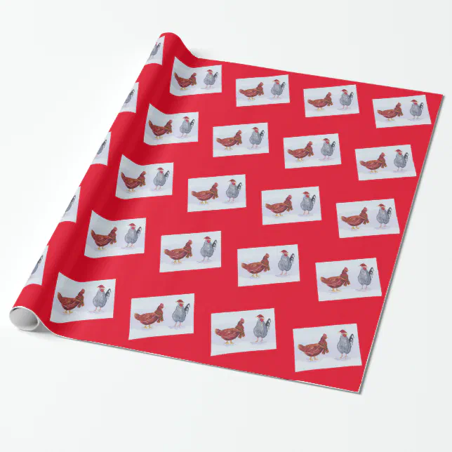 chicken wearing scarf and christmas hat seasonal wrapping paper | Zazzle
