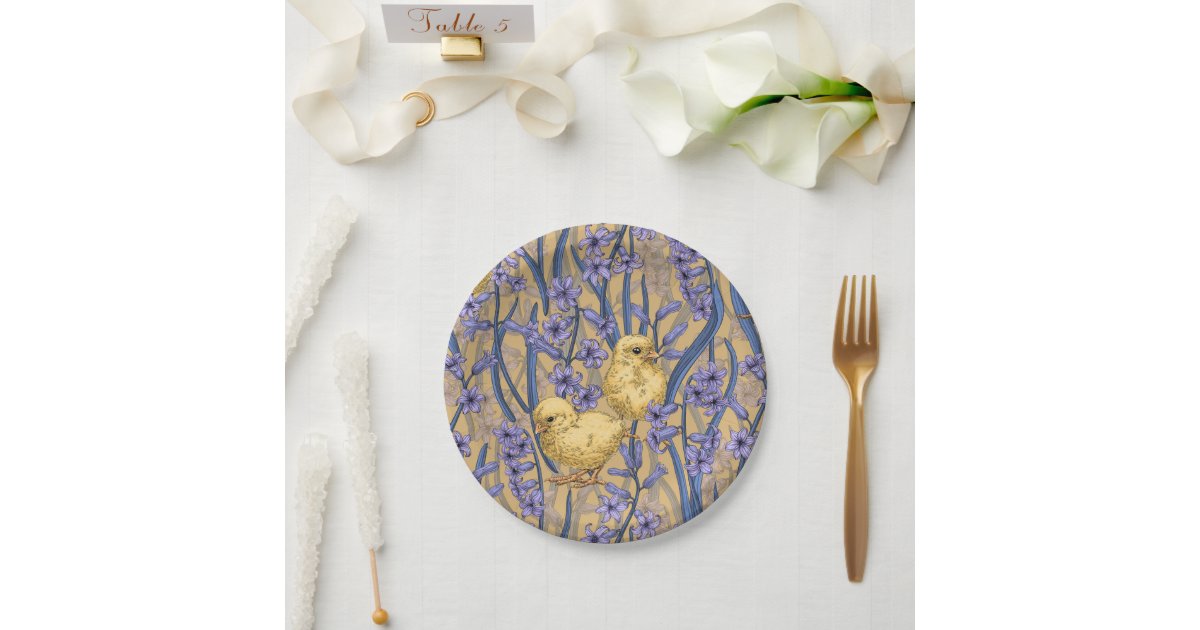 Chickens and hyacinths on yellow paper plates | Zazzle