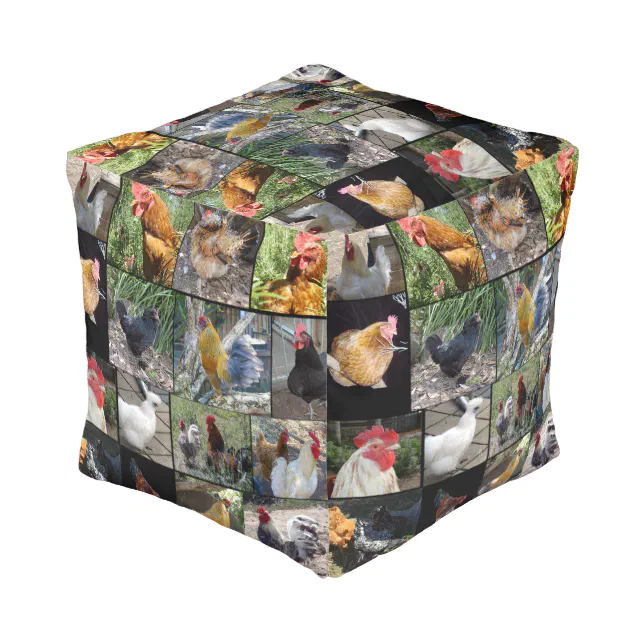 Chickens And Roosters In A Photo Collage, Pouf | Zazzle
