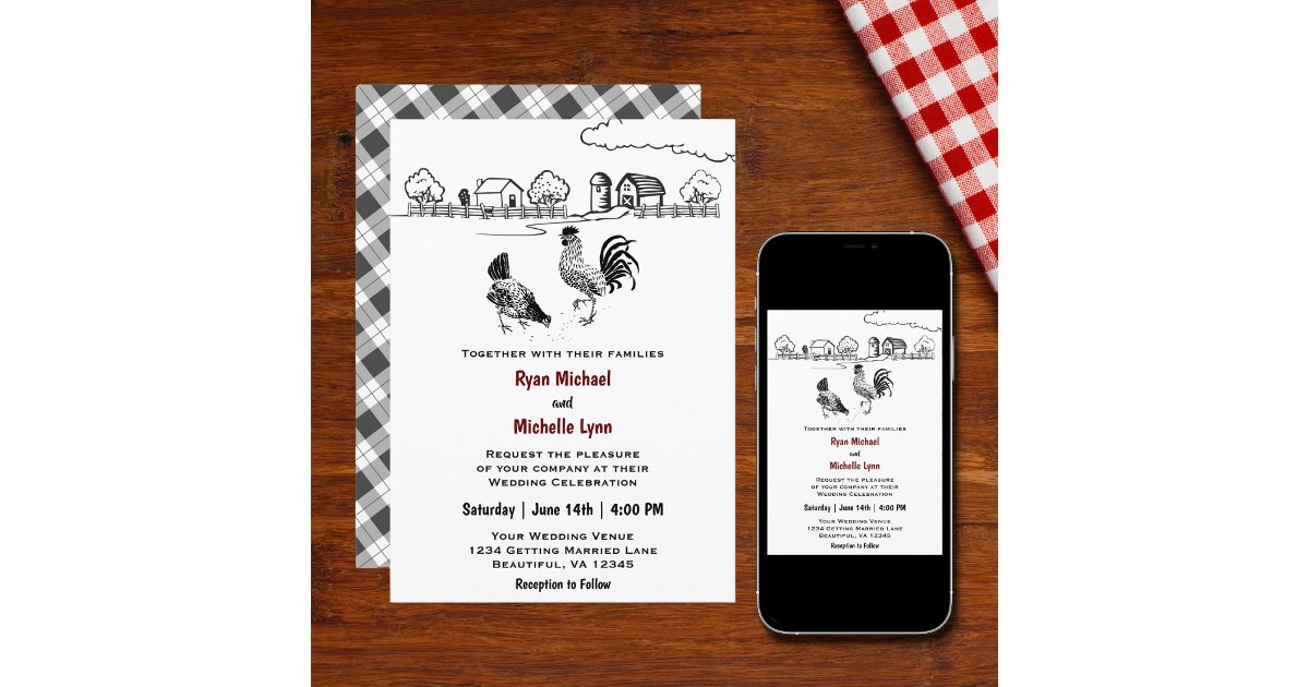 Chickens Rooster and Hen Chicken Farm Wedding Invitation | Zazzle
