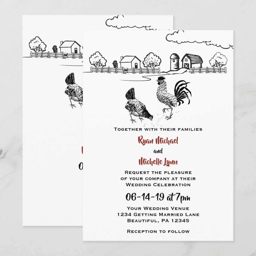Chickens Rooster and Hen in Love Farm Wedding Invitation | Zazzle