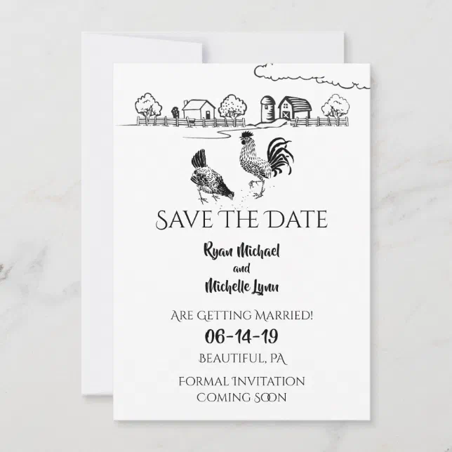 Chickens Rooster, Hen | Black, White Farm Wedding Save The Date | Zazzle