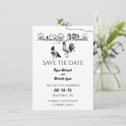 Chickens Rooster, Hen | Black, White Farm Wedding Save The Date | Zazzle