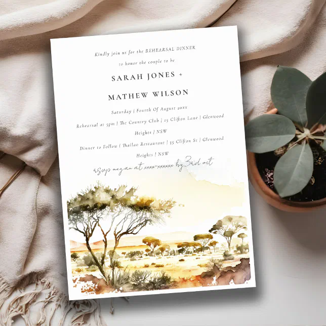 ChicWatercolor African Landscape Rehearsal Dinner Invitation | Zazzle