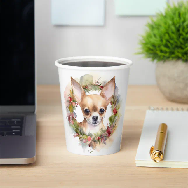 Chihuahua Christmas Wreath Festive Pup Paper Cups | Zazzle