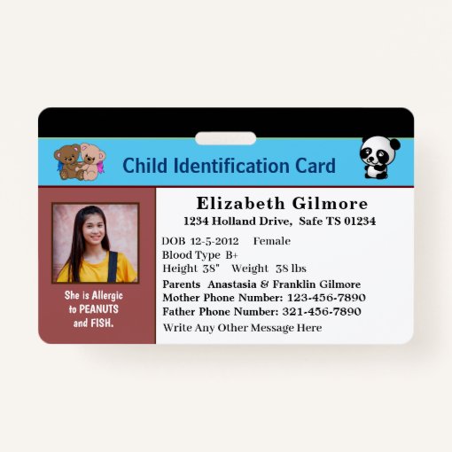 Child Boy Girl ID Identification Card Personalize Badge | Zazzle
