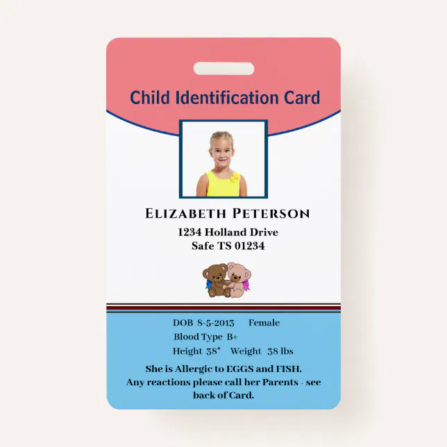 Child Boy Girl ID Identification Personalize Badge | Zazzle