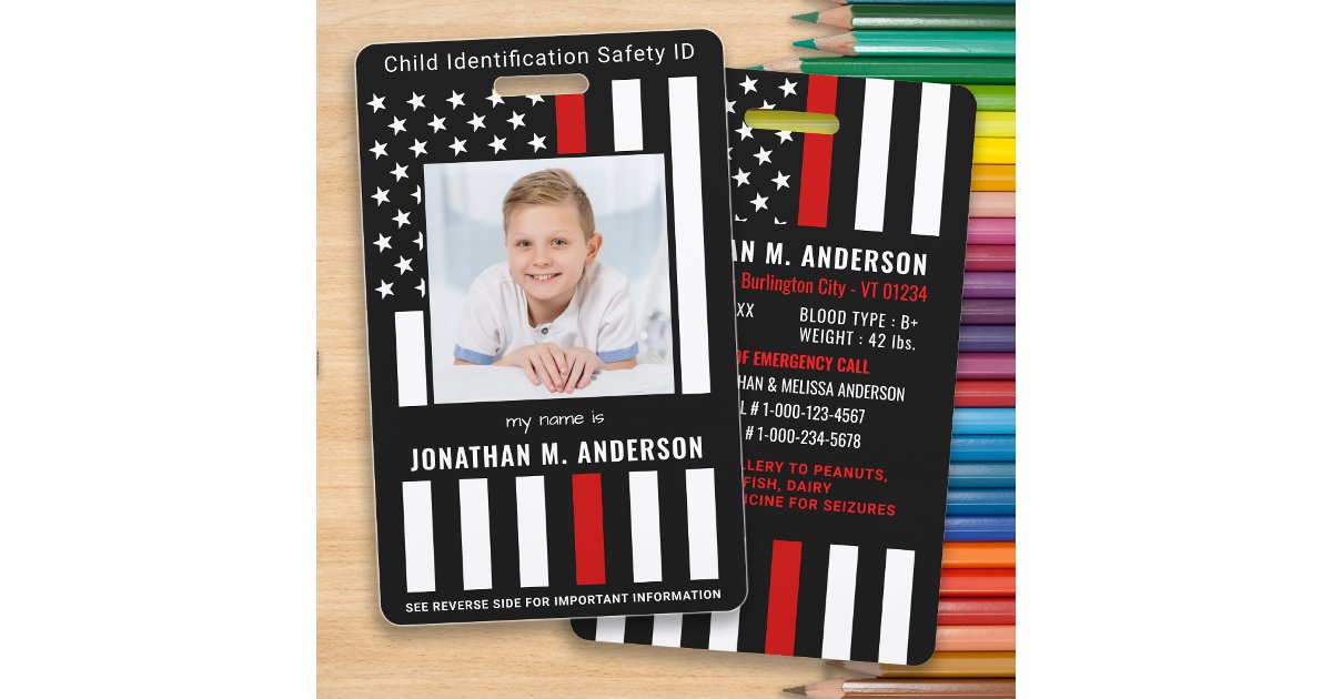Child Emergency ID Firefighter Red Kids Photo Badge | Zazzle