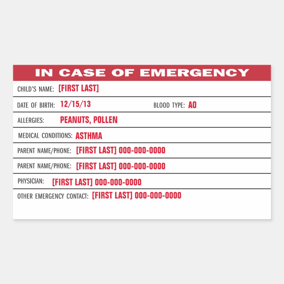 Child Emergency Information Sticker | Zazzle