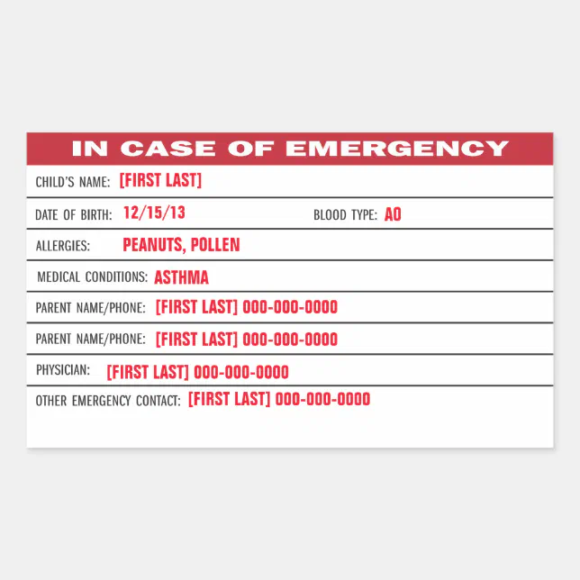 Child Emergency Information Sticker | Zazzle
