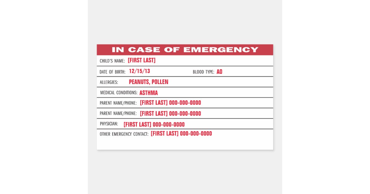 Child Emergency Information Sticker | Zazzle