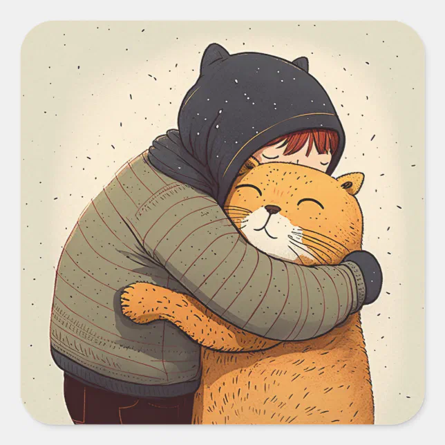 Child hugs cute ginger cat. Kid and funny animal Square Sticker | Zazzle