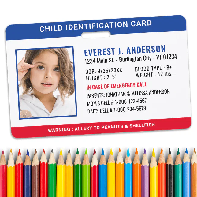 Child ID Identification Emergency Custom Photo Badge | Zazzle