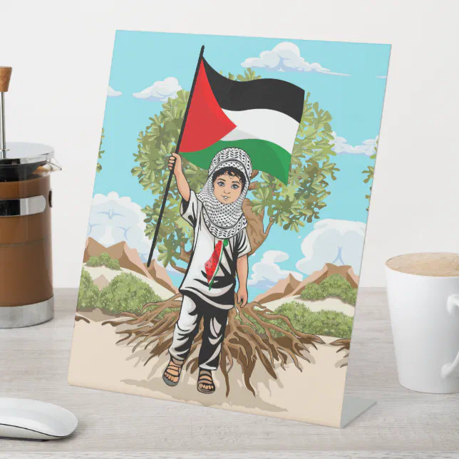 Child with Keffiyeh Palestine Flag and Olive Tree Pedestal Sign | Zazzle