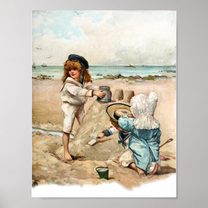 Children Build Vintage Sandcastle Poster | Zazzle.com
