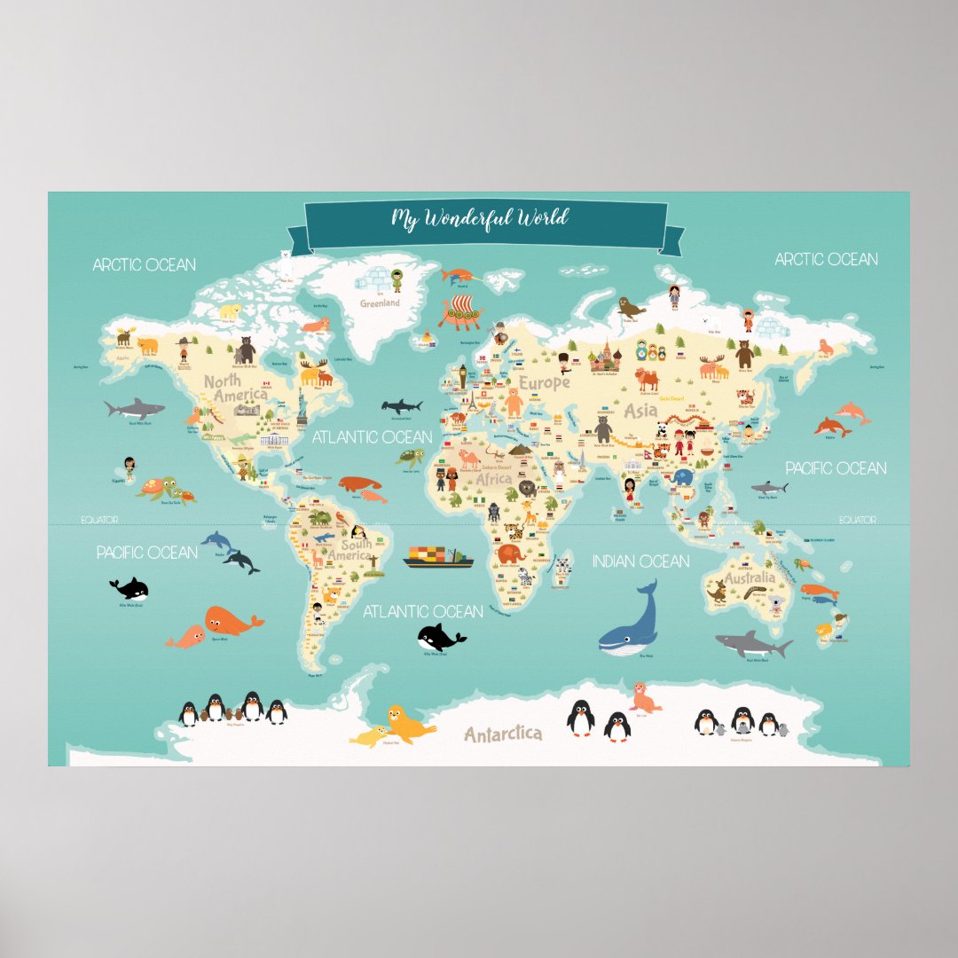 Children World Map with Animals and Landmarks Poster | Zazzle