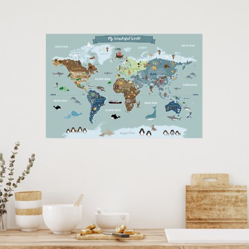 Children World Map with Cute Illustrations Poster | Zazzle