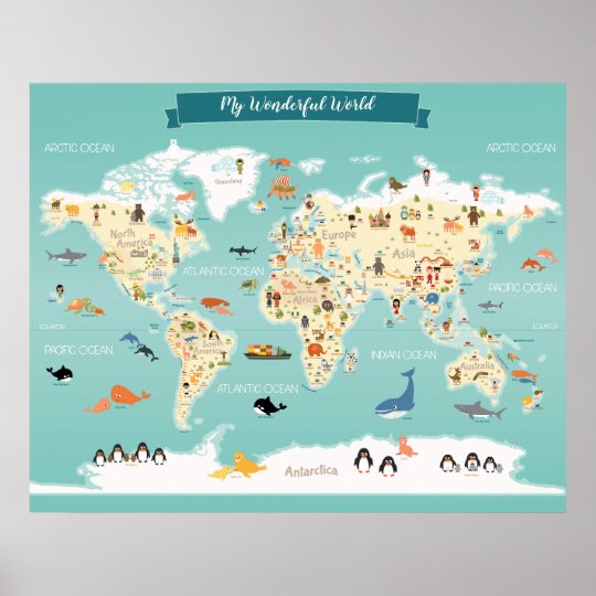 Children World Map with Illustrations Poster | Zazzle.com